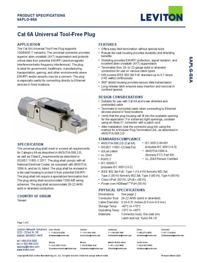 Cat 6A Universal Tool-Free Plug: Product Specifications 6APLG-S6A | PDF ...