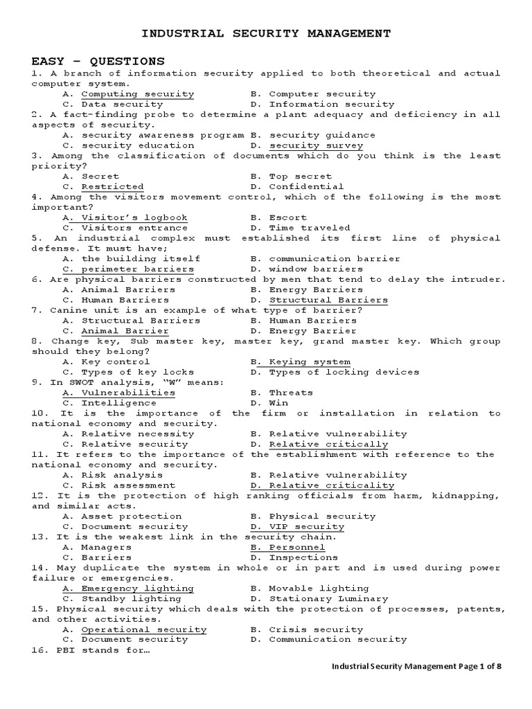 Industrial Security Management Easy - Questions | PDF | Physical ...