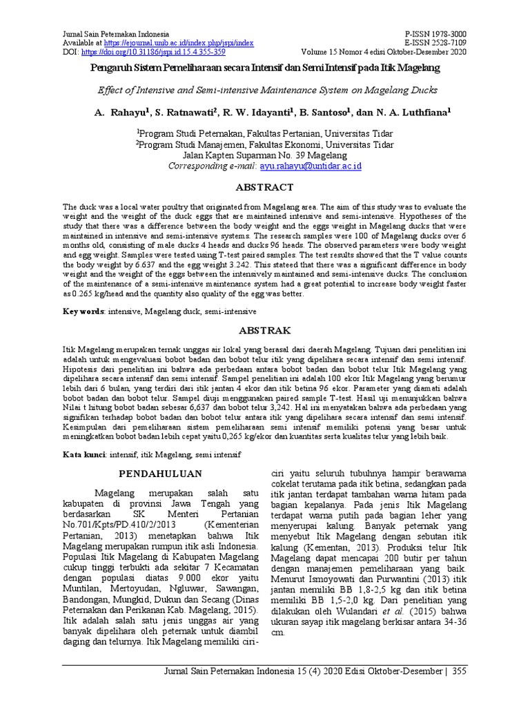 Pengaruh Sistem Pemeliharaan Secara Intensif Dan Semi Intensif Pada ...
