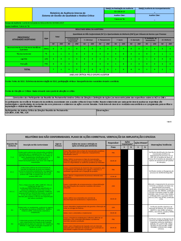 Exemplo de Relatorio de Auditoria Interna e Analise Critica ISO 9001 15 ...