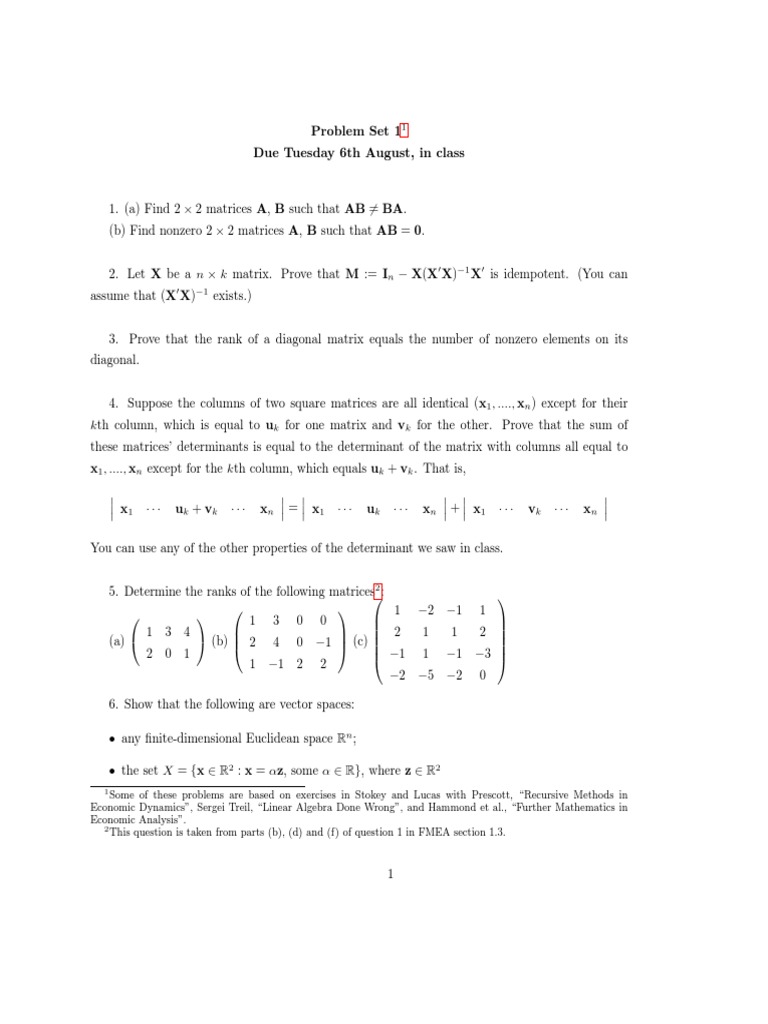 Problem Set 1 | PDF | Matrix (Mathematics) | Vector Space