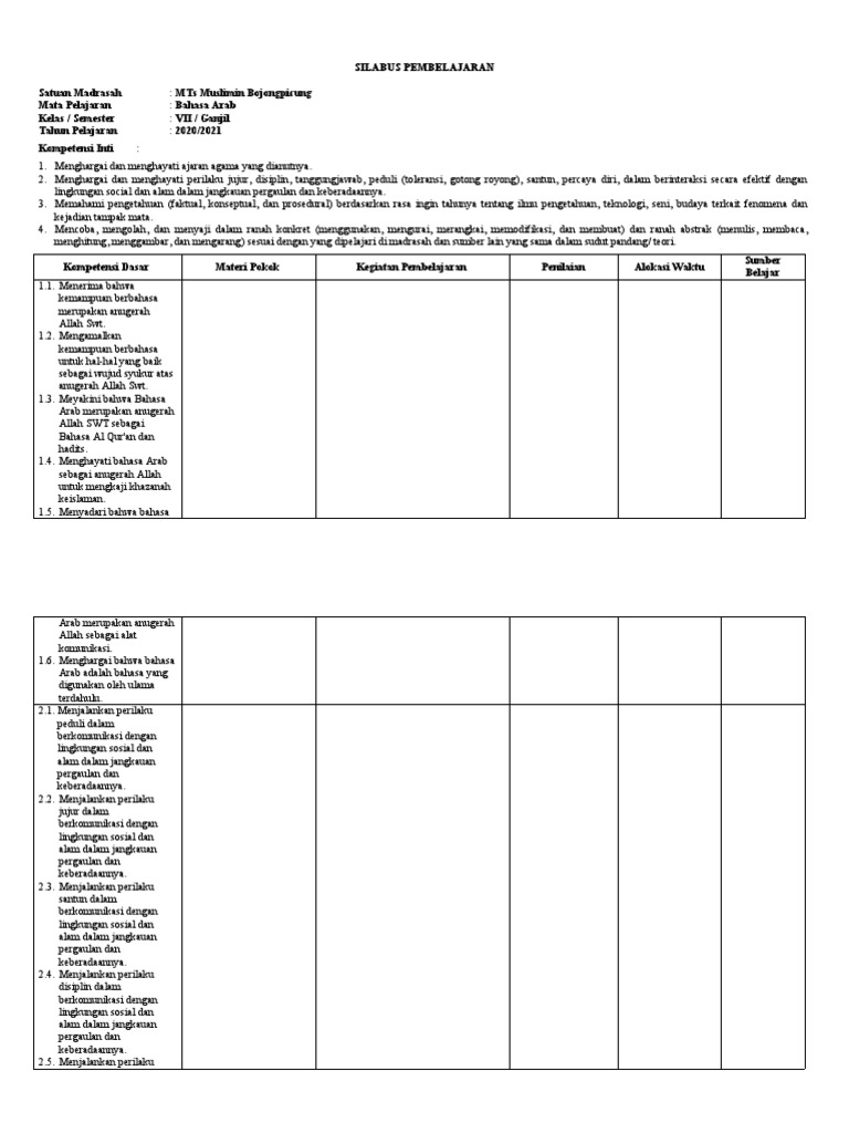 Silabus Bahasa Arab Kelas 7 Ganjil | PDF