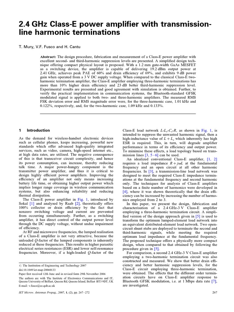 2.4 GHZ Class-E Power Amplifier With Transmission LINE Harmonic ...