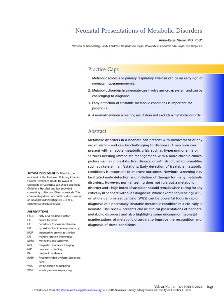 Neonatal Presentations of Metabolic Disorders | PDF | Diseases And ...