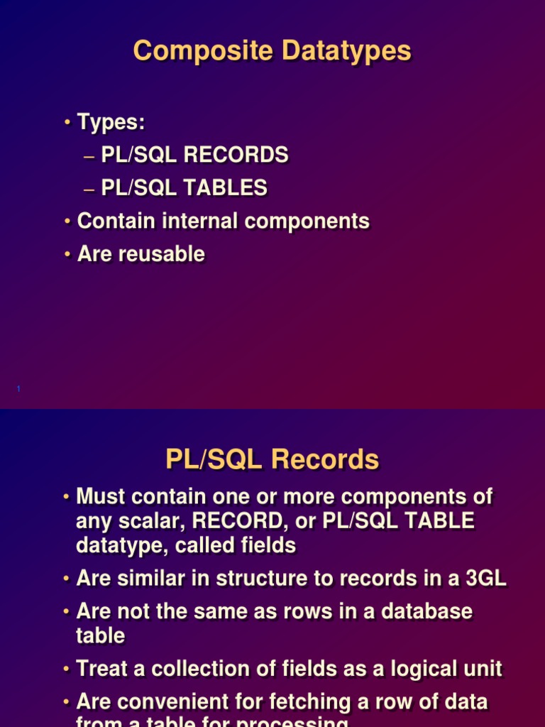 Composite Datatypes: Types: PL/SQL Records PL/SQL Tables Contain Internal Components Are ...