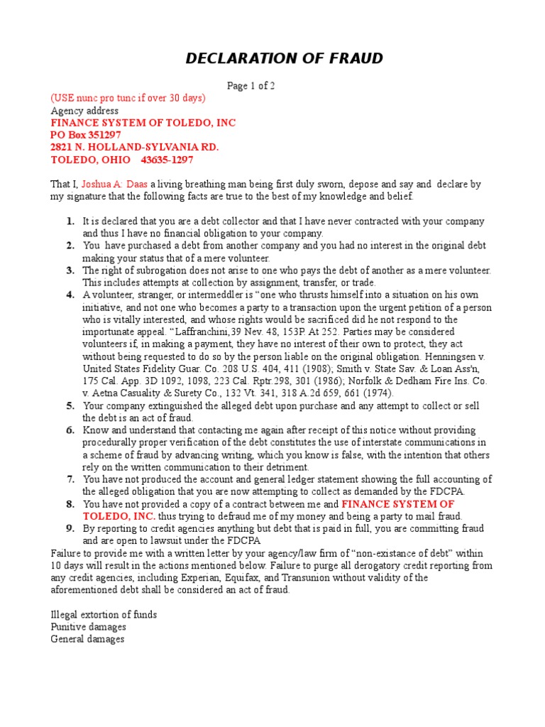 Declaration of Fraud | PDF | Fraud | Debt