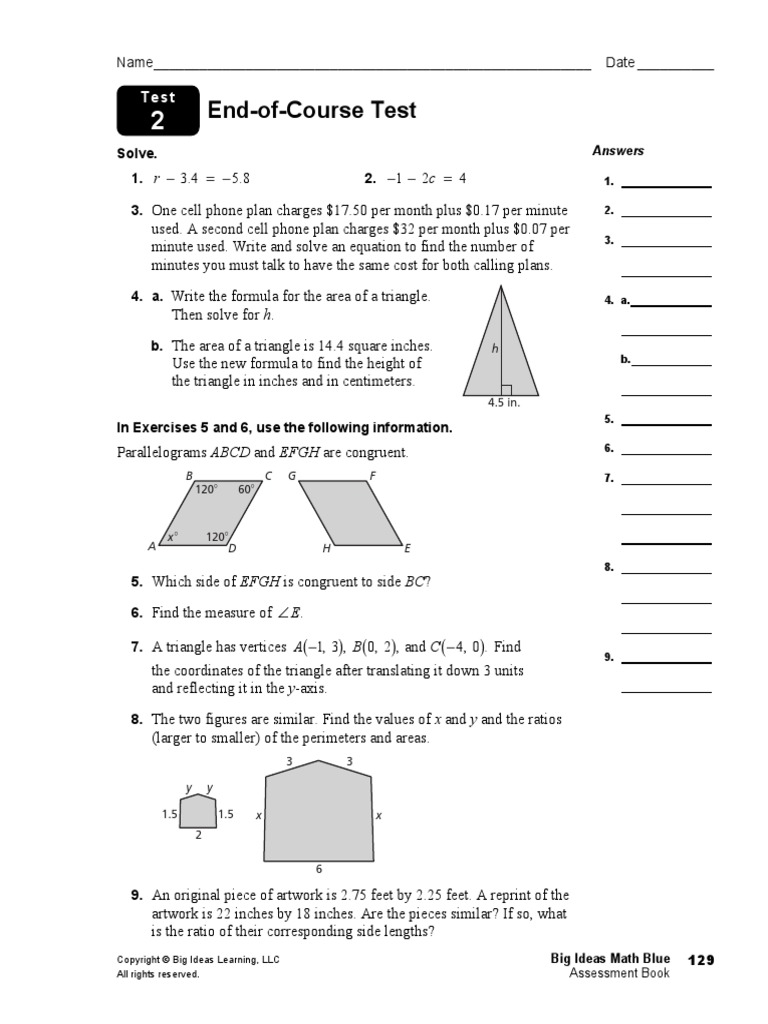 End-of-Course Test: Solve. 1. 2. 3 | PDF | Area | Triangle