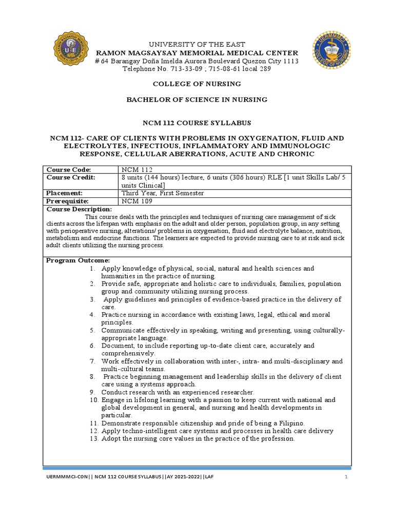 NCM 112 Course Syllabus | PDF | Nursing | Evidence Based Medicine