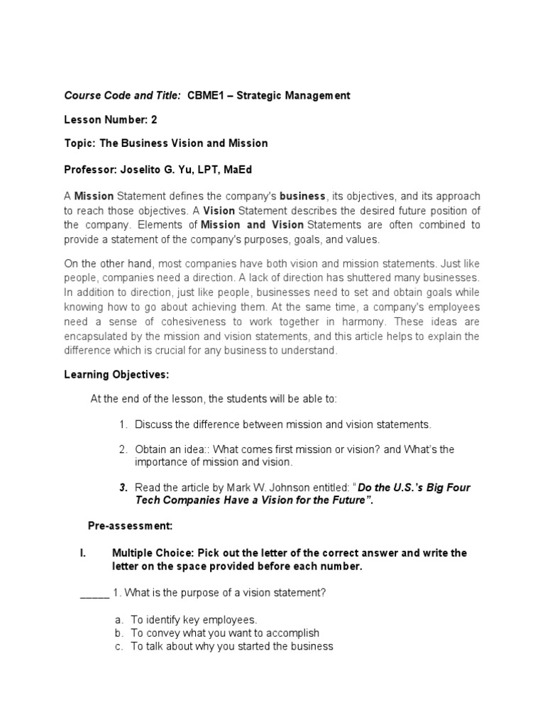 Understanding Mission and Vision Statements | PDF | Goal | Brand