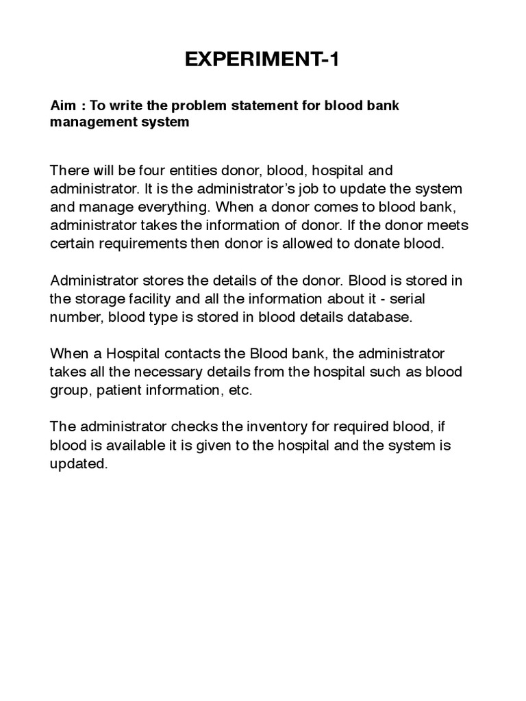 Experiment-1: Aim: To Write The Problem Statement For Blood Bank ...
