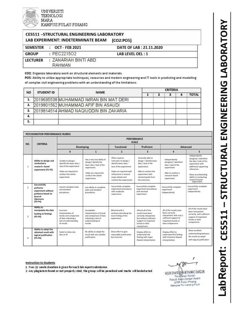 Ces511 - Structural Engineering Laboratory Lab Experiment ...