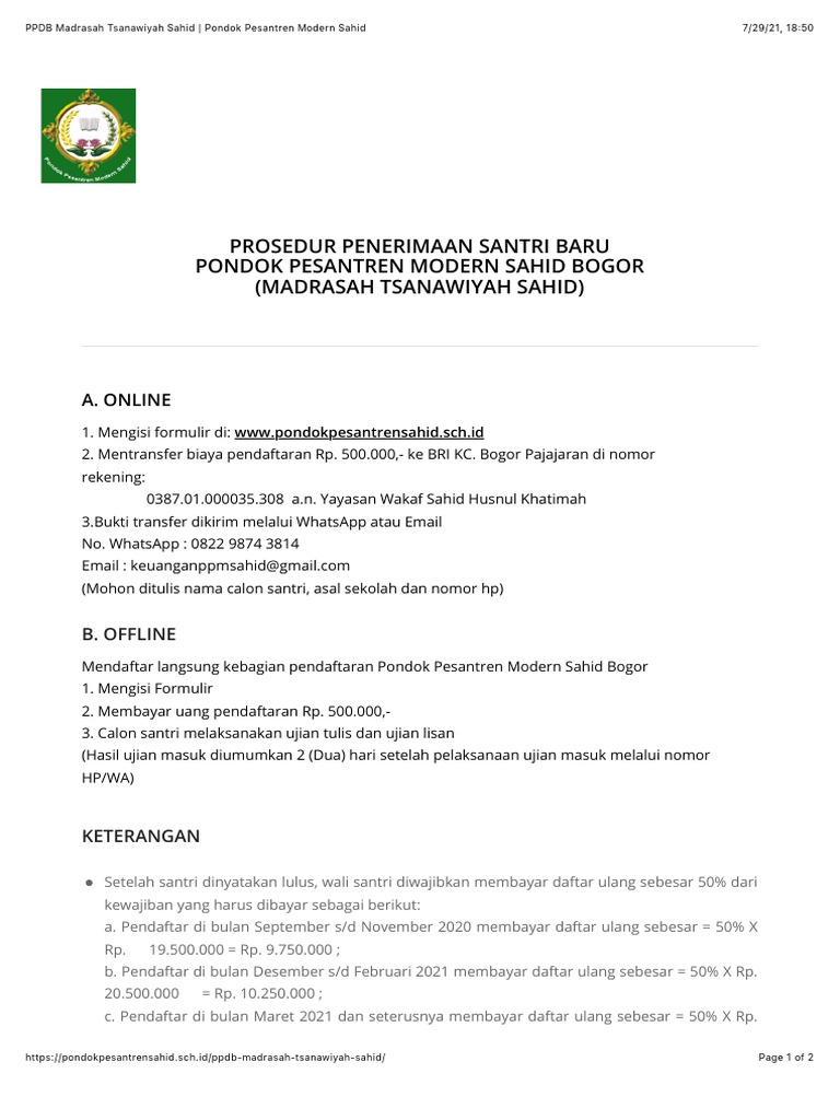 Biaya dan Pendaftaran Ponpes Sahid Bogor | PDF | Karier & Perkembangan