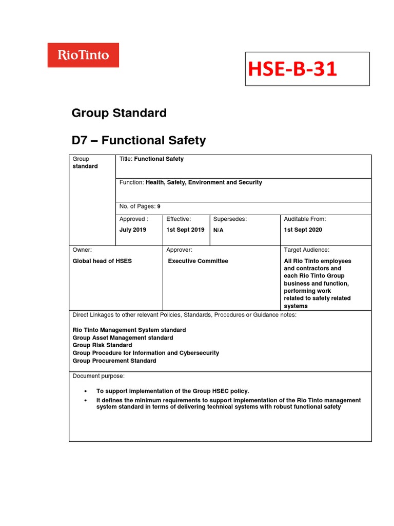 Rio Tinto - Functional Safety Standard | PDF | Verification And ...