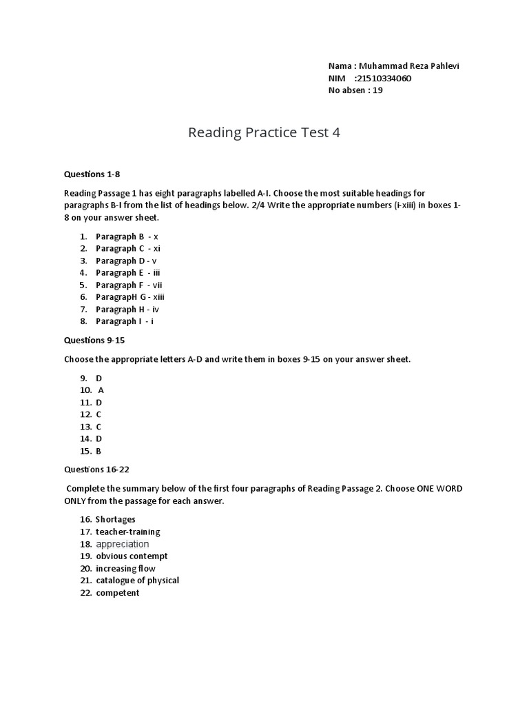 Reading Practice Test 4: Questions 1-8 | PDF | Cognition ...