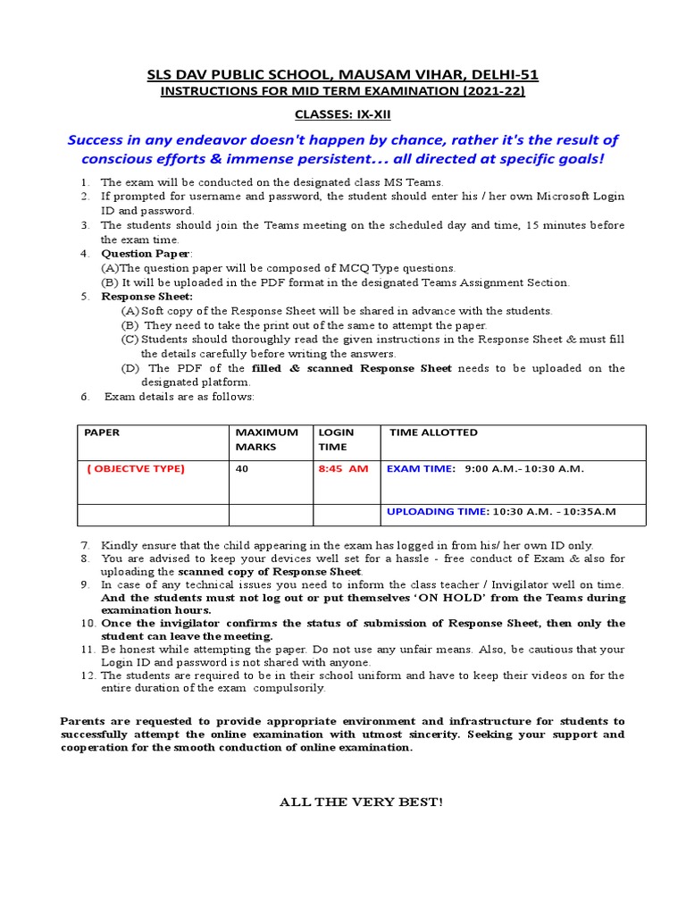 Instructions-Mid Term Exam 1X - XII | PDF | Test (Assessment)