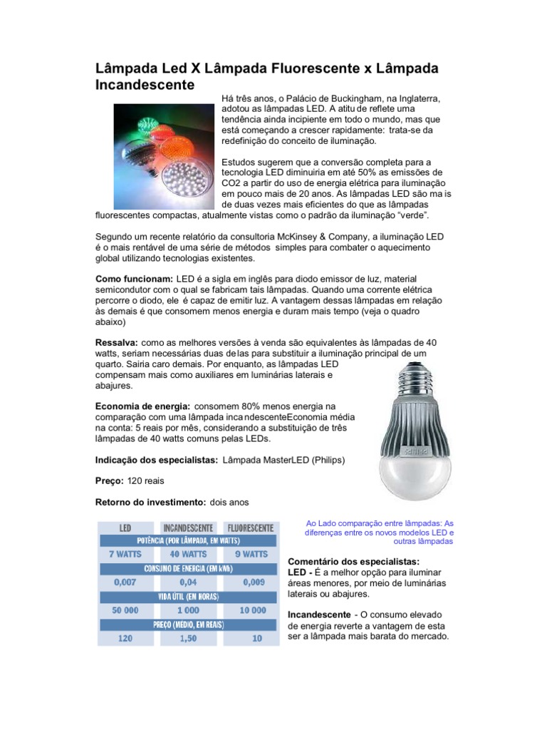 Comparação de Lâmpadas: LED e Incandescentes | PDF | Diodo emissor de ...