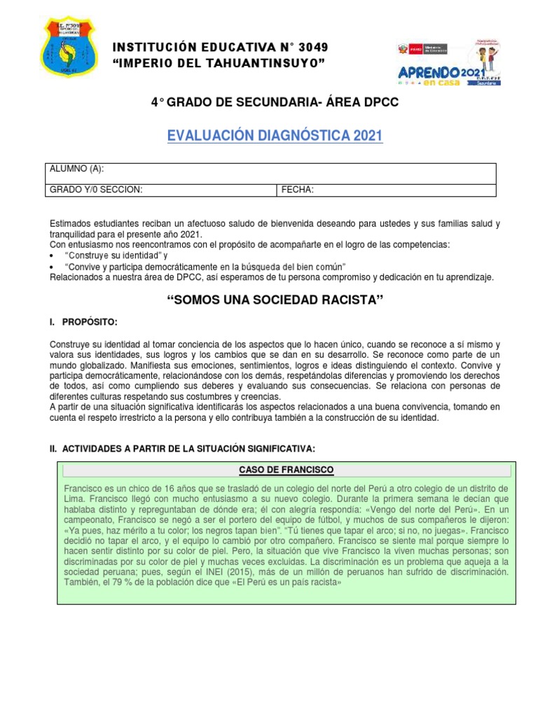 Evaluación Diagnóstica 4º Secundaria Dpcc 2021 Pdf Discriminación 6986