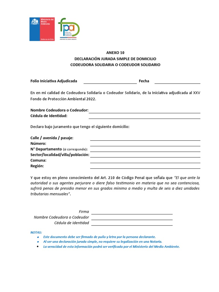 Anexo 10 Declaracion Jurada Simple Domicilio Codeudor Solidario | PDF