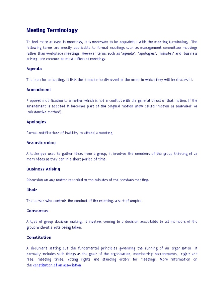 Meeting Terminology | PDF | Web Conferencing | Consensus Decision Making