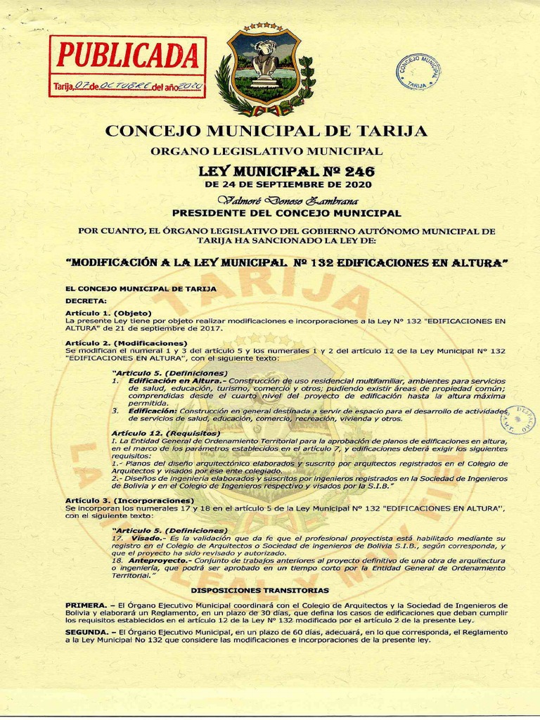 Ley 246 - 2020 Modificación A La Ley Municipal Nro 132 Edificaciones en ...
