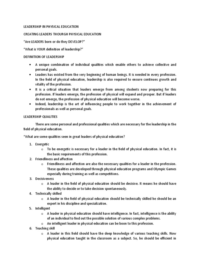Leadership in Physical Education | PDF | Leadership | Physical Education
