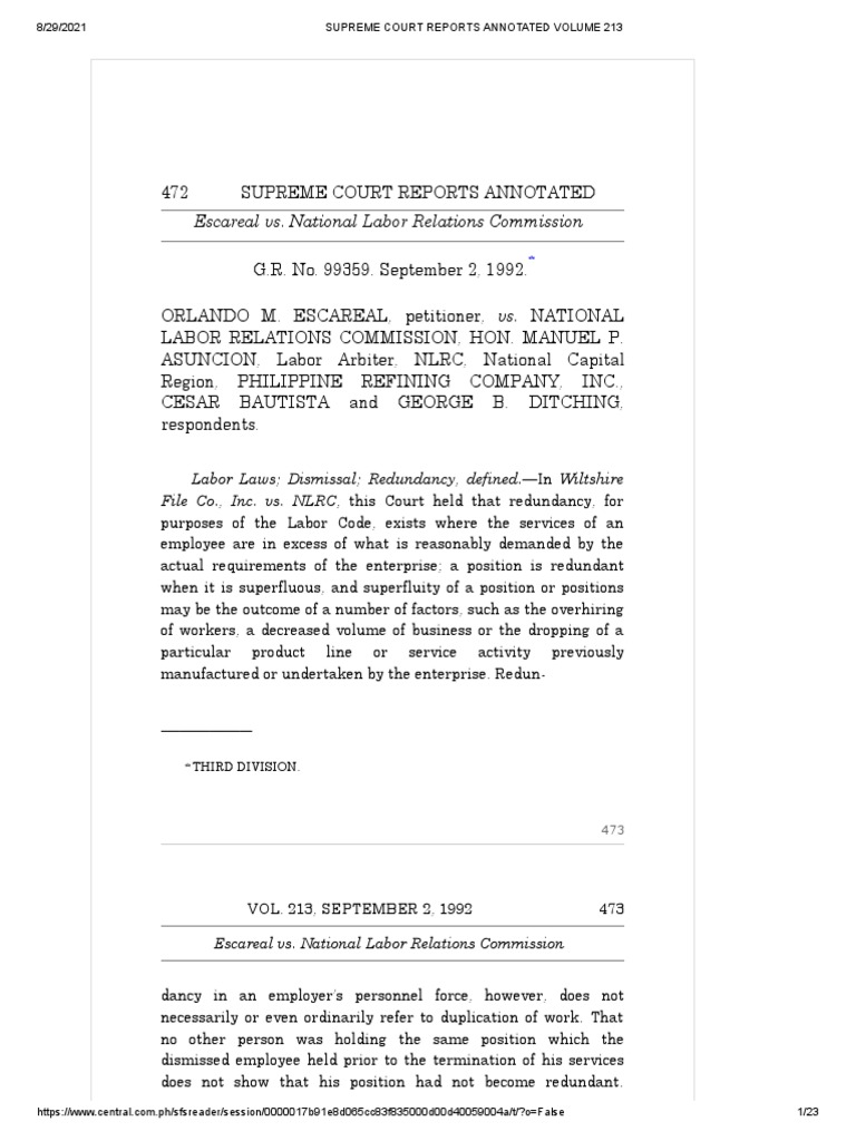 Escareal vs. National Labor Relations Commission, 213 SCRA 472, September 02, 1992 | PDF ...