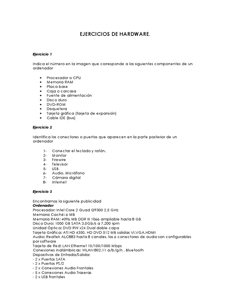 Ejercicios de Hardware | PDF | Hardware de la computadora | Tecnología de información y ...