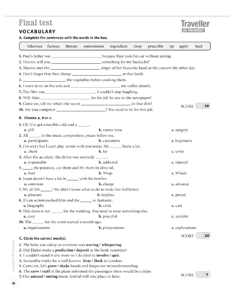 Traveller Pre Intermediate Final Test | PDF