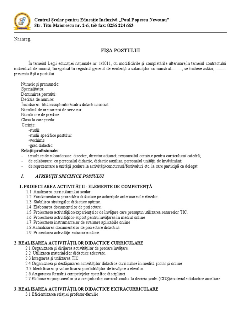 Fisa Post Profesor 2021-2022 | PDF