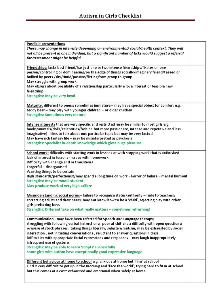 Autism in Girls: Key Characteristics Checklist | PDF | Friendship ...
