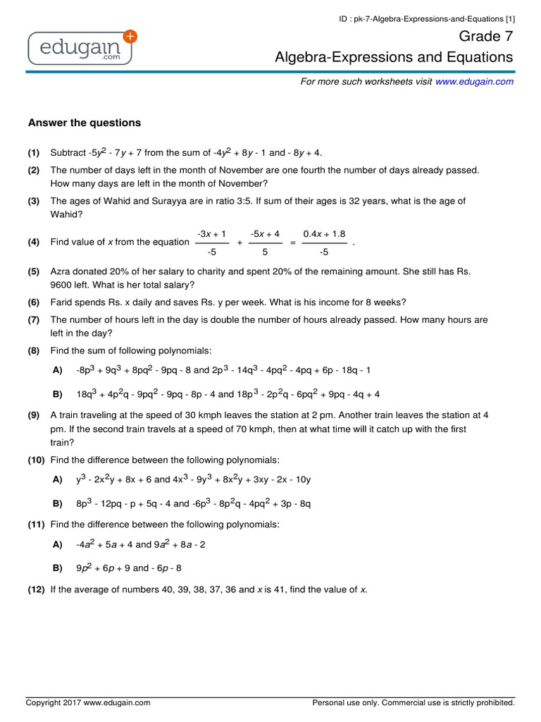 Grade 7 Algebra Expressions and Equations PK | PDF | Equations ...