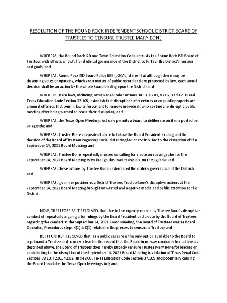 F1.Censure Resolution - Mary Bone | PDF | Board Of Directors | Trustee
