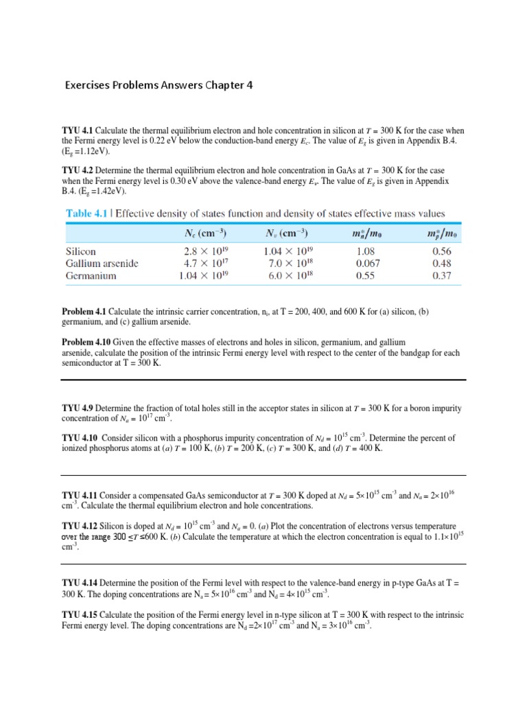 Exercises Problems Answers Chapter 4: Is Given in Appendix B.4 | PDF | Doping (Semiconductor ...