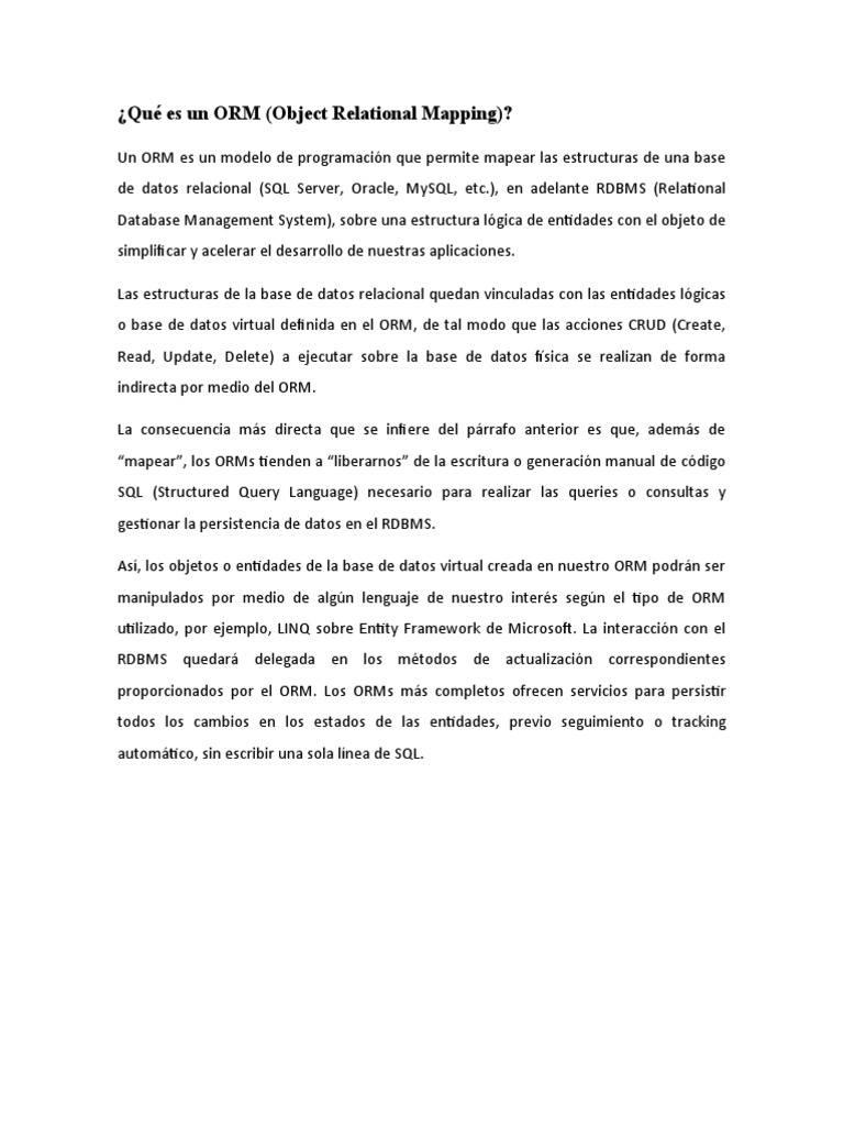 ¿Qué Es Un ORM (Object Relational Mapping) ? | PDF