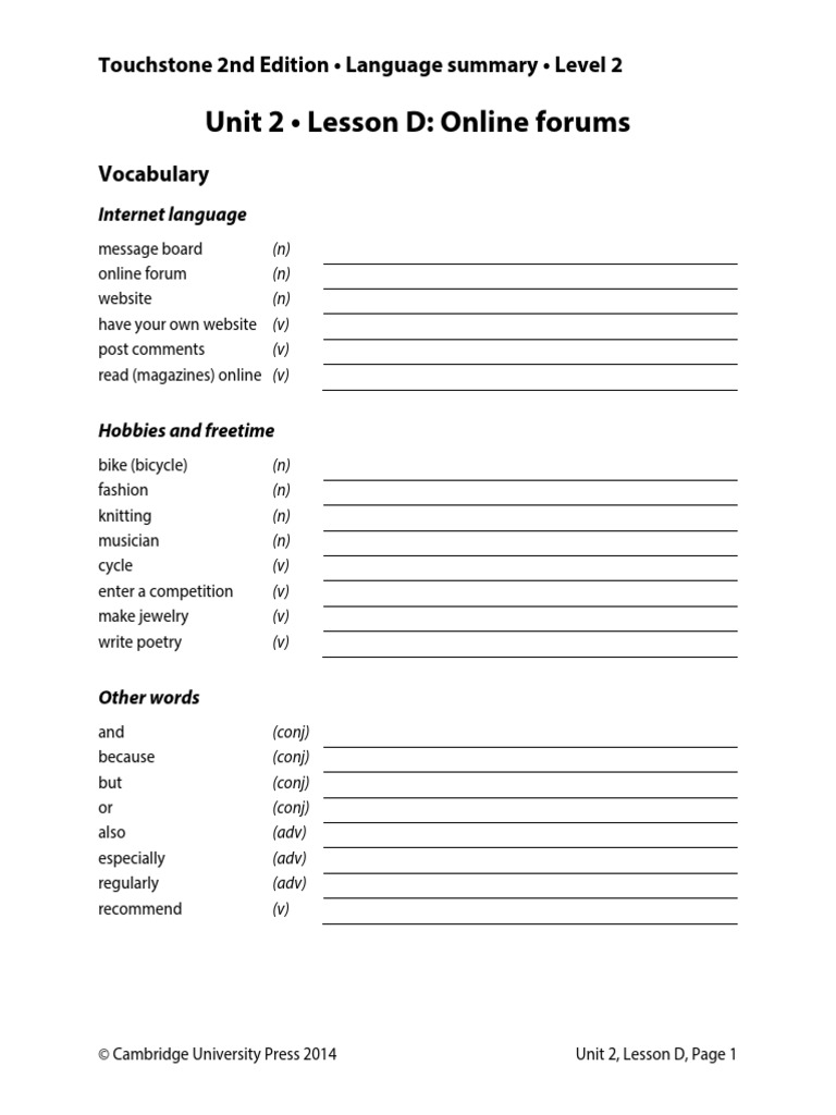 Unit 2 - Lesson D: Online Forums: Touchstone 2nd Edition - Language Summary - Level 2 | PDF