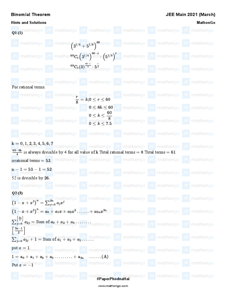 Binomial Theorem Jee Main 2021 (March) : Hints and Solutions Mathongo | PDF | Mathematics | Algebra