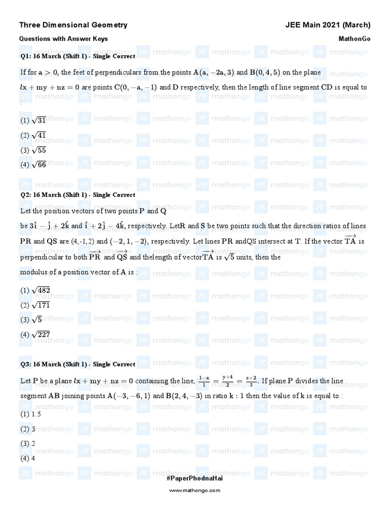 Mathongo Question Three Dimensional Geometry Jee Main 2021 March Chapterwise ...