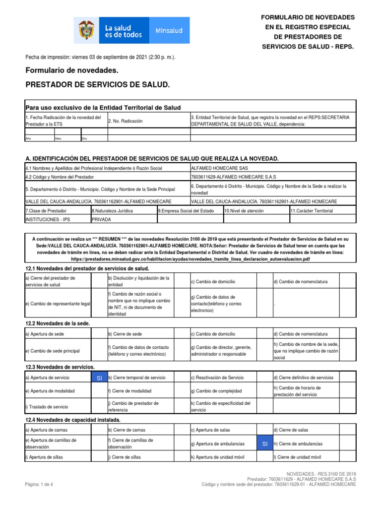 Formulario Novedades REPS 3100 210903 | PDF