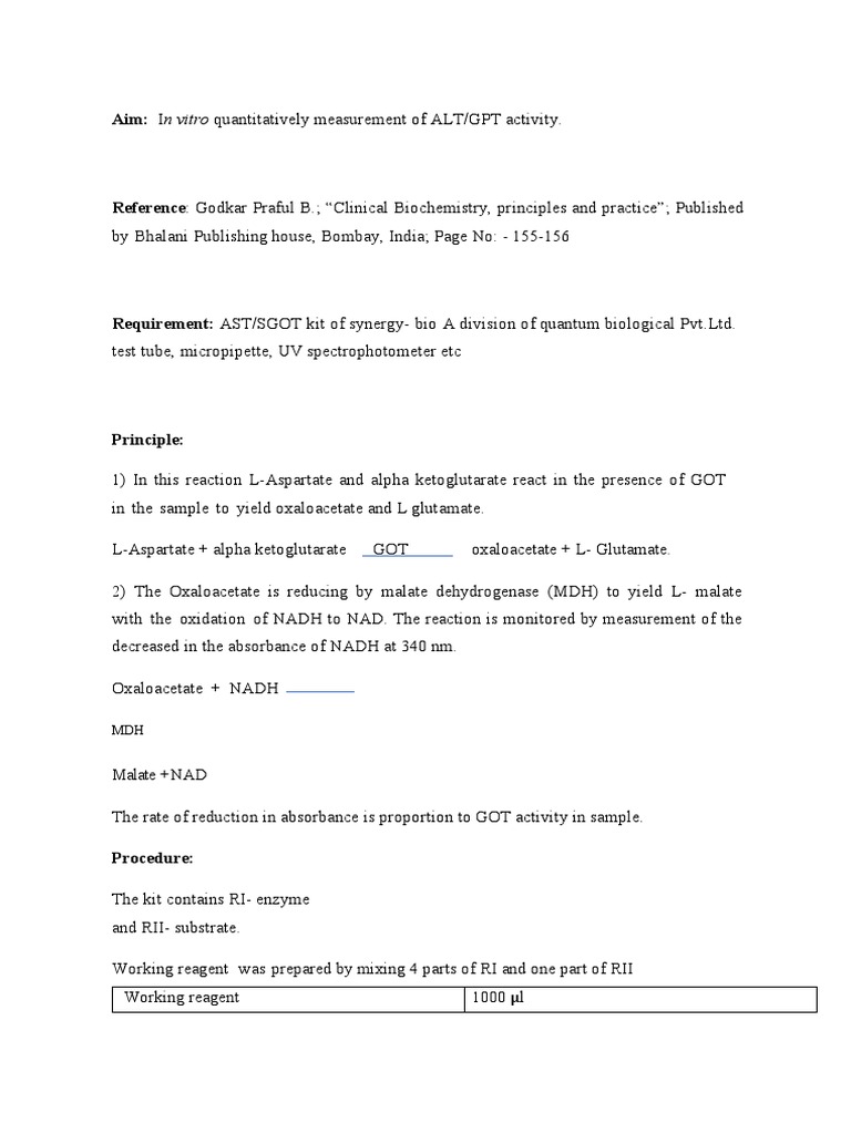 SGOT Test: Principles and Procedure | PDF | Medical Specialties | Organ ...