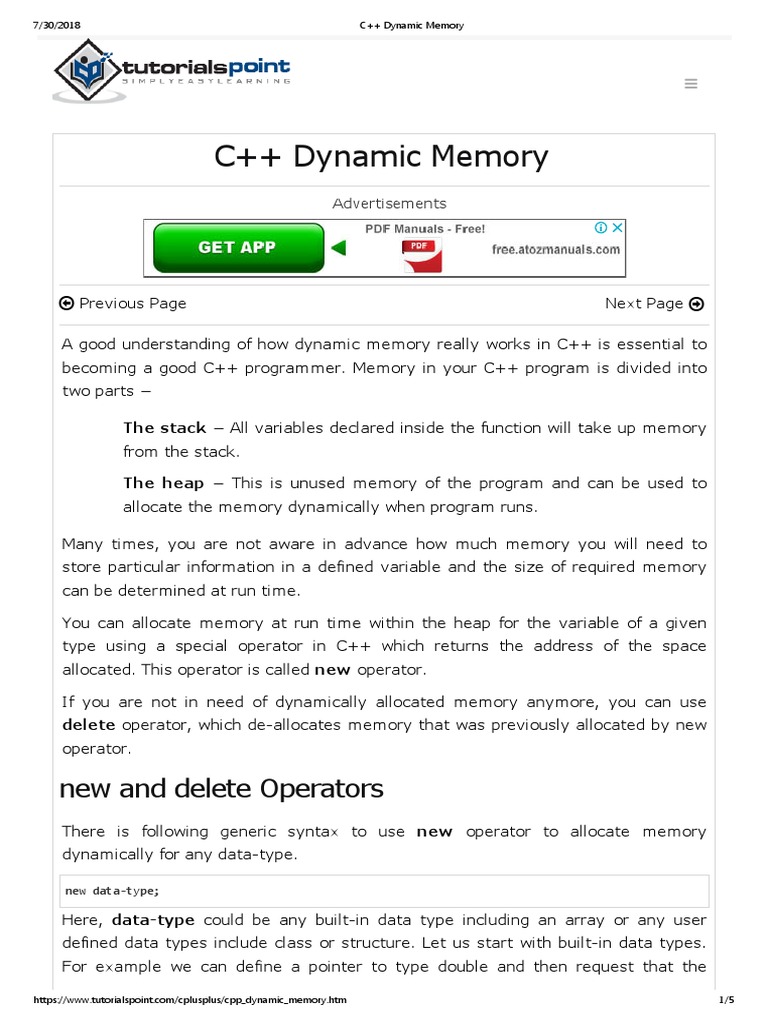 C Dynamic Memory New And Delete Operators Pdf Pointer Computer Programming Variable