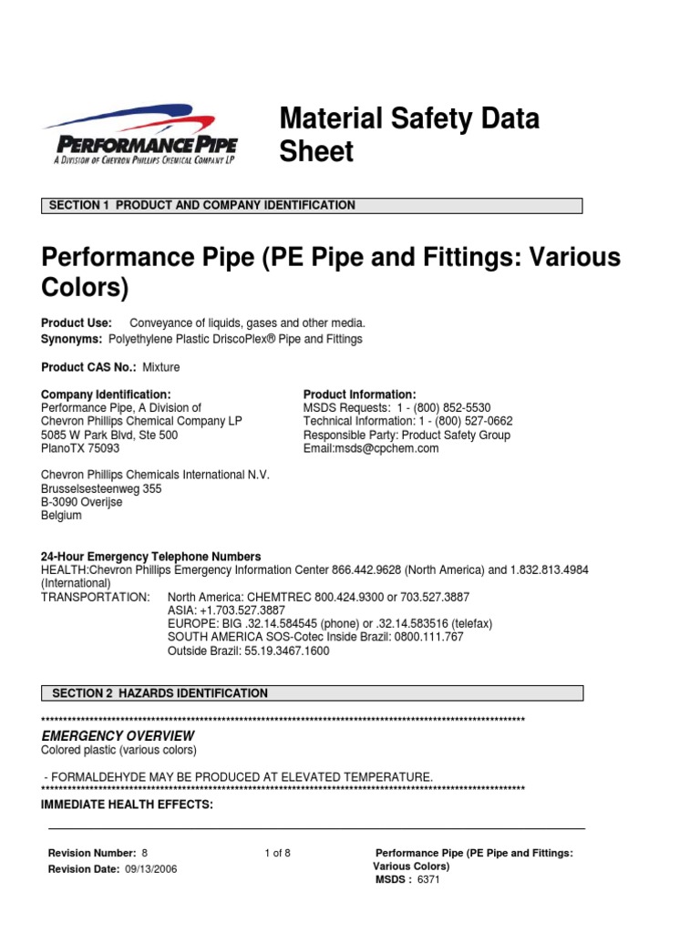 Material Safety Data Sheet: Performance Pipe (PE Pipe and Fittings ...