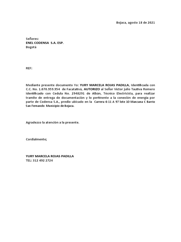 Carta Codensa Autorizacion | PDF