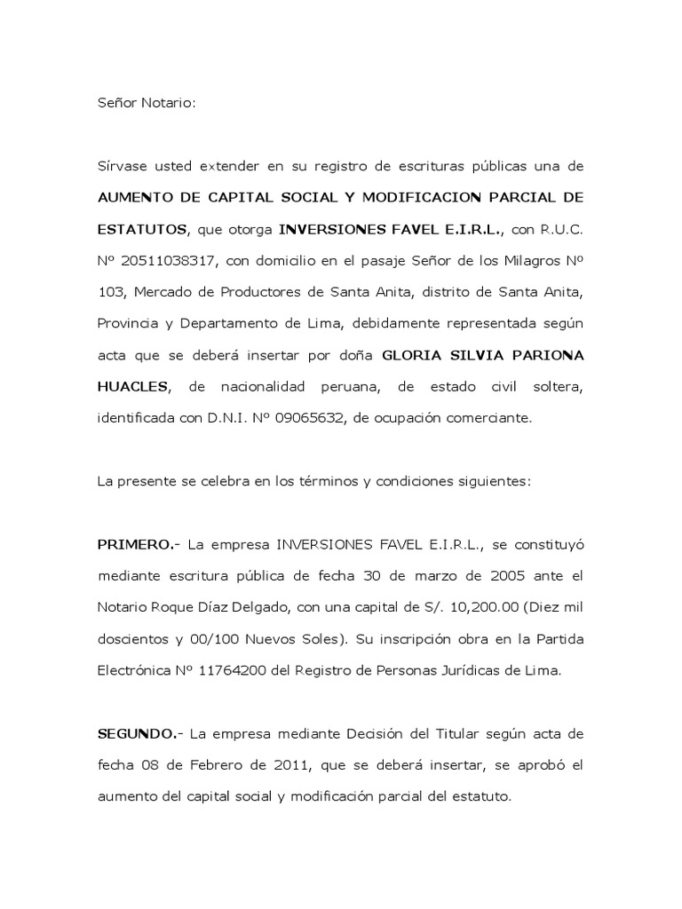 Aumento Capital Inversiones Favel Eirl | PDF
