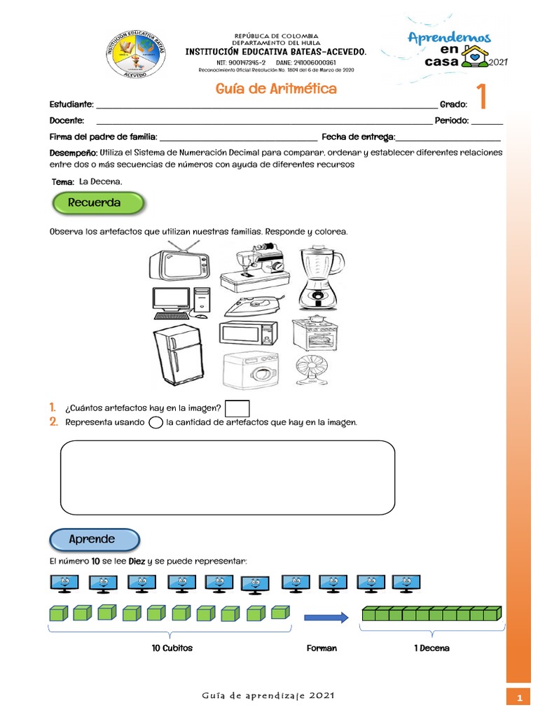 Guia #2 Matematicas Grado 1° P2 | PDF | Sustracción | Números