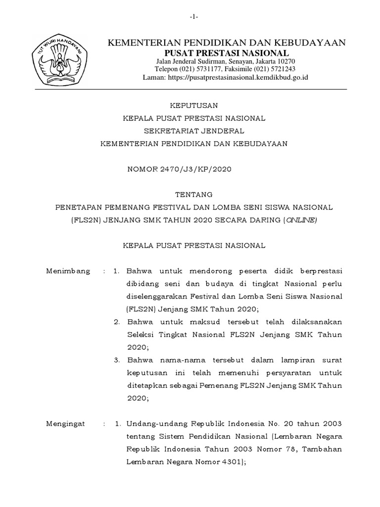 SK Pemenang FLS2N SMK Tahun 2020 Kapus 18102020 | PDF