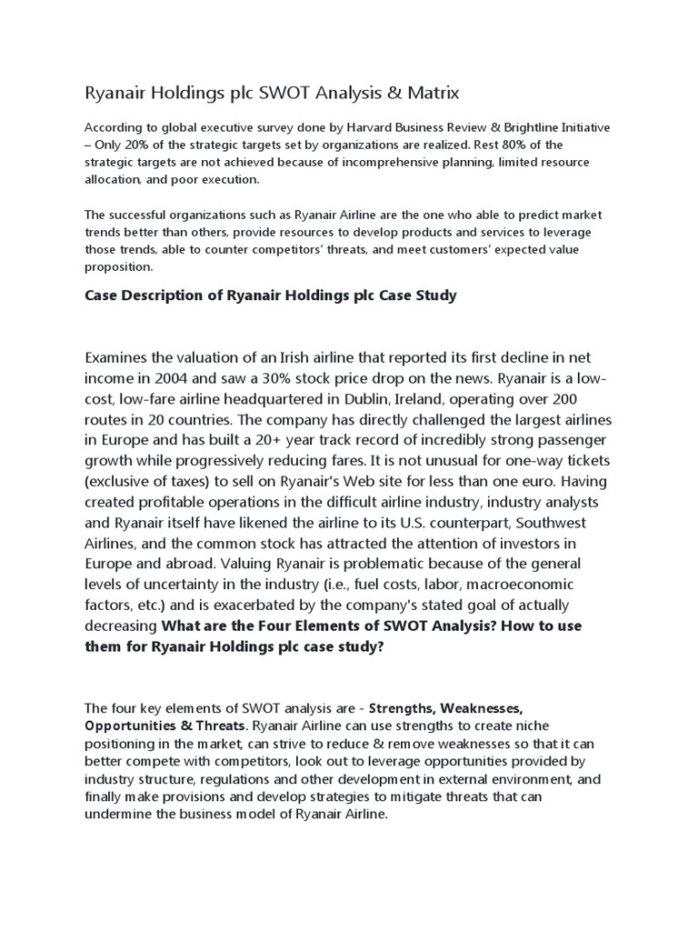 Ryanair Holdings PLC SWOT Analysis | PDF | Swot Analysis | Airlines