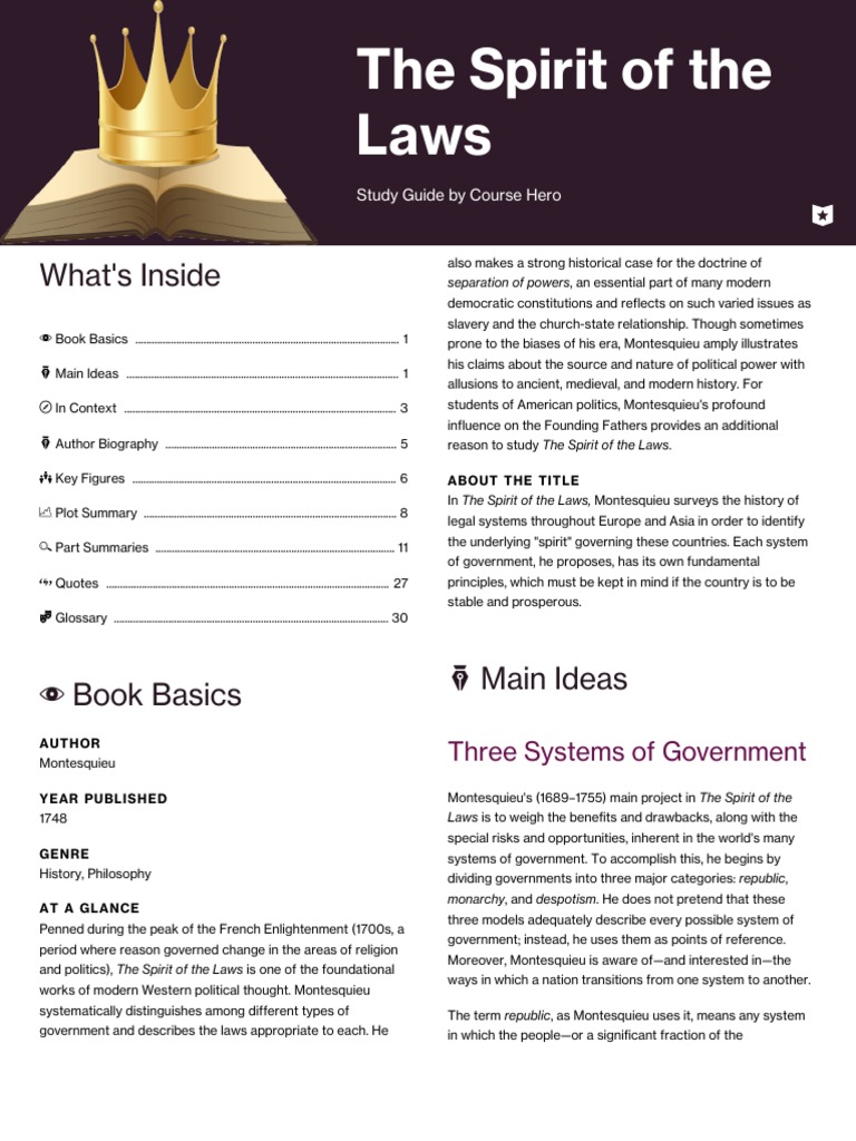 The Spirit of The Laws: What's Inside | PDF | Montesquieu | Separation ...