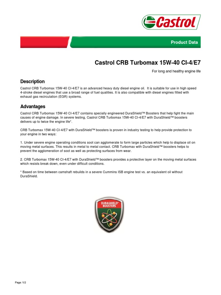 Ficha Tecnica Castrol CRB Turbomax 15W-40 CI-4 plus-SL | PDF | Motor ...