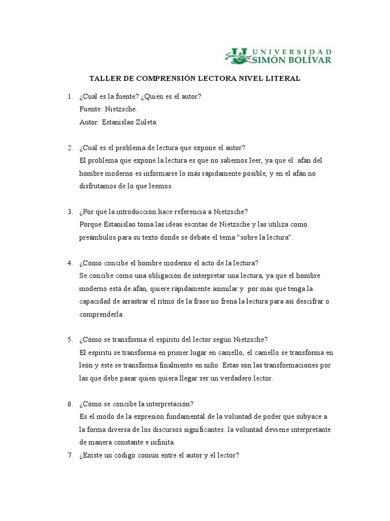 Taller de Comprensión Lectora | PDF | Autor | Friedrich Nietzsche