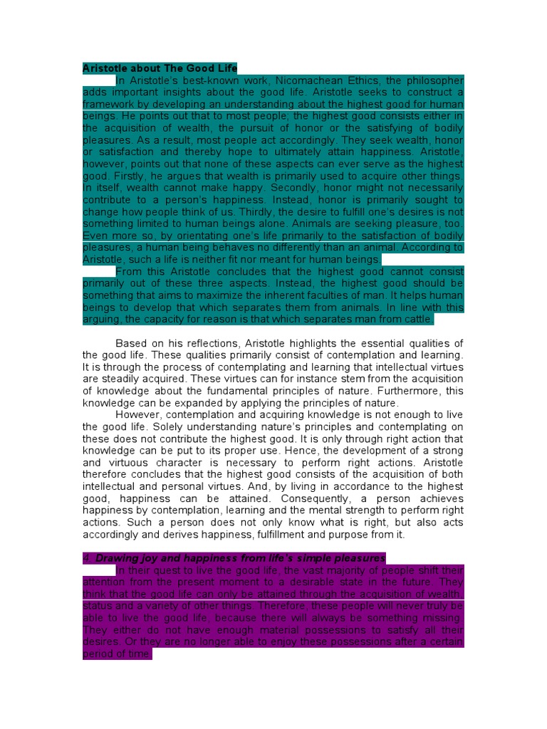 Aristotle About The Good Life | PDF | Happiness | Pleasure